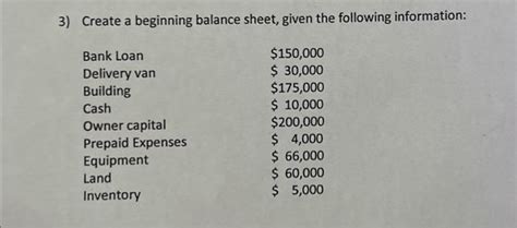 Solved 3 Create A Beginning Balance Sheet Given The