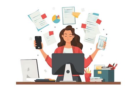 Woman Multitasking Phone Computer Tasks Premium AI Generated Vector