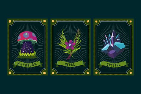 게임 자산 팩 마법 아이템판타지 카드 장식 프레임 사용자 인터페이스 디자인 요소 만화 벡터 일러스트레이션입니다 버섯 크리스탈 및 식물 자연에 대한 스톡 벡터 아트 및 기타