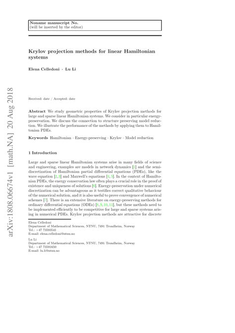 Pdf Krylov Projection Methods For Linear Hamiltonian Systems
