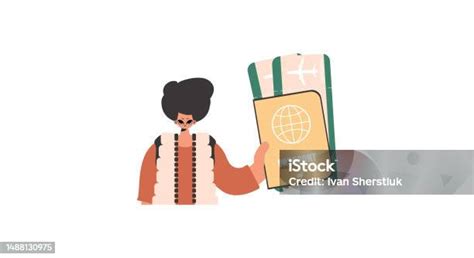 그 사람은 비자를 소지하고 손에 든 티켓을 봅니다 흰색 기초에 보관 트렌디한 스타일 벡터 일러스트레이션 가정의 방에 대한 스톡 벡터 아트 및 기타 이미지 Istock