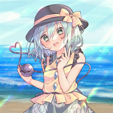 Hayu Hayu E Komeiji Koishi Touhou Highres 1girl Aqua Hair Beach Black Hat Blouse