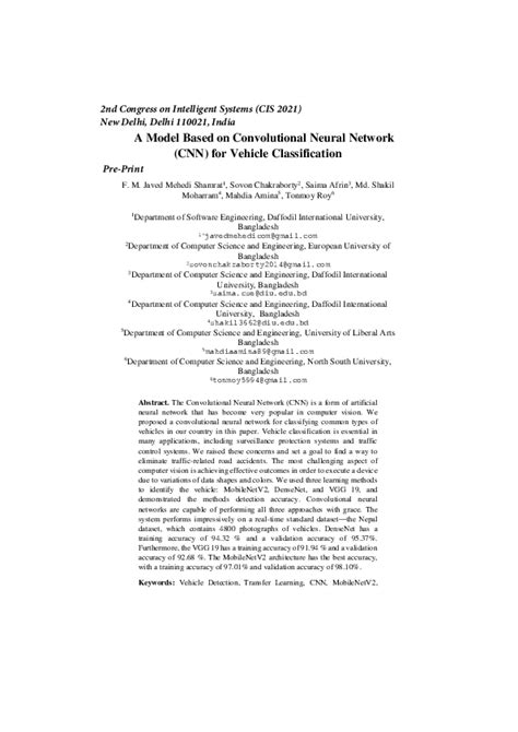 Pdf A Model Based On Convolutional Neural Network Cnn For Vehicle