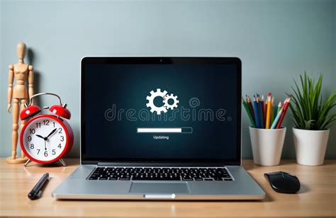 Person Waits For Computer Update Laptop Screen Shows Updating Progress Bar Gear Icon Stock