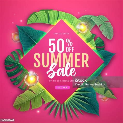 열대 지방의 나뭇잎과 빛의 끈이있는 여름 큰 판매 포스터 여름 열대 잎 배경 벡터 일러스트 레이 션 Publicity Event에 대한 스톡 벡터 아트 및 기타 이미지