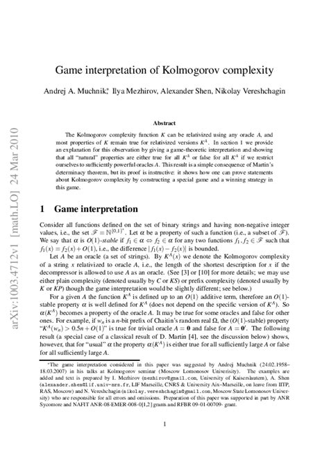Pdf Game Interpretation Of Kolmogorov Complexity Alexander Shen