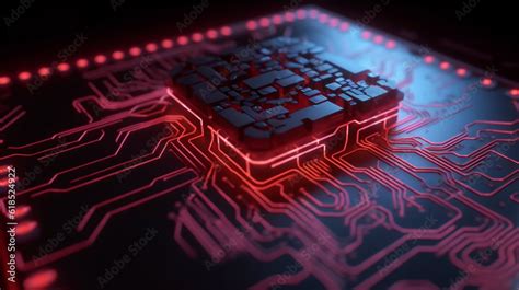 Closeup Red And Circuit Board Hacking In Engineering Theft Cyber Security Scam And Big Data
