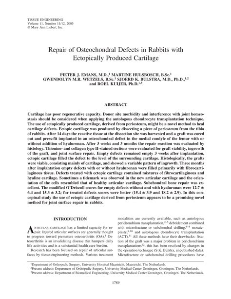 Pdf Repair Of Osteochondral Defects In Rabbits With Ectopically