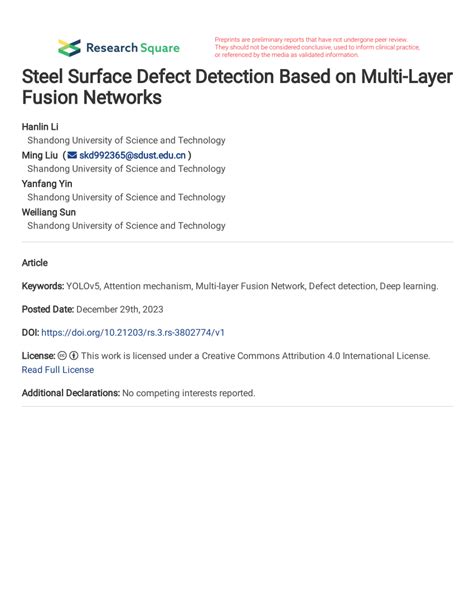 Pdf Steel Surface Defect Detection Based On Multi Layer Fusion Networks