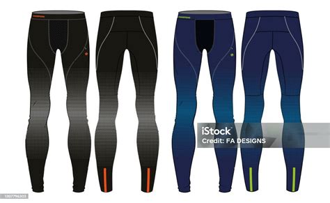 압축 스타킹 바지 디자인 벡터 템플릿 베이스 레이어 성능 하단 컨셉의 전면 및 후면 뷰로 달리기 조깅 피트니스 및 액티브 웨어 팬츠 디자인 근거리 초점에 대한 스톡 벡터