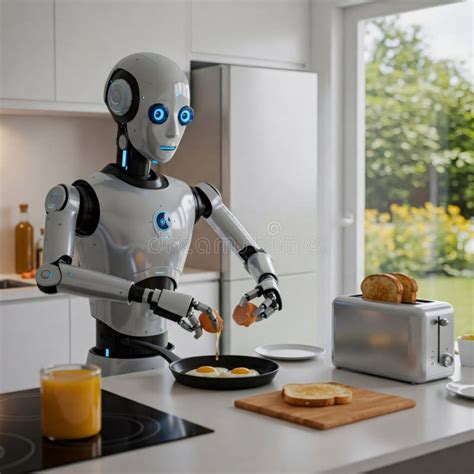 Domestic Robot Cooking Breakfast With Eggs And Toast In Modern Kitchen Stock Illustration