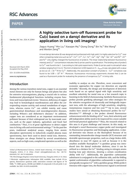 Pdf A Highly Selective Turn Off Fluorescent Probe For Cuii Based On