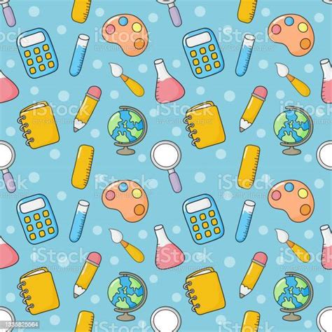 학교로 돌아와 원활한 패턴 학교 용품 파란색 배경에 교육 항목 벡터 일러스트레이션 9월에 대한 스톡 벡터 아트 및 기타 이미지