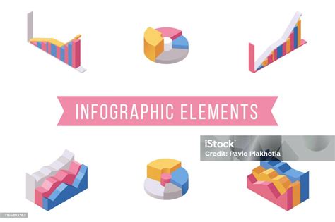 비즈니스 인포그래픽 요소 아이소메트릭 일러스트레이션 세트입니다 다양한 히스토그램 멀티 컬러 파이 및 누적 영역 차트 컬렉션 재무 프레젠테이션 다이어그램 데이터 시각화 3d