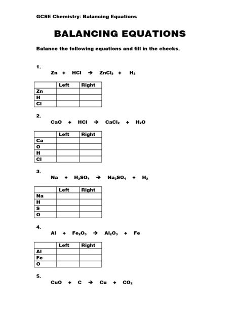Igcse Chemistry Balancing Equations Worksheet Pdf