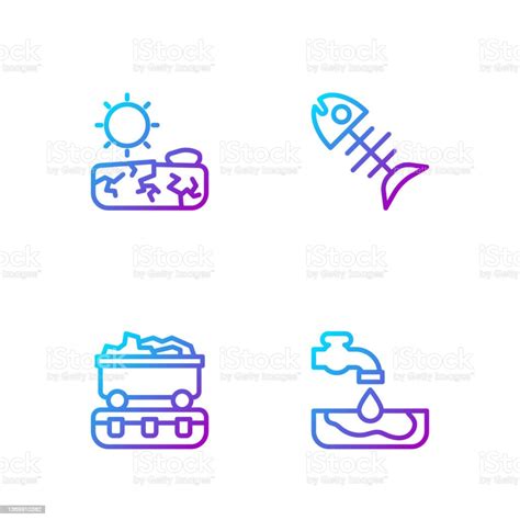 세트 라인 물 문제 석탄 기차 마차 가뭄과 죽은 물고기 그라데이션 색상 아이콘입니다 벡터 0명에 대한 스톡 벡터 아트 및 기타 이미지 Istock