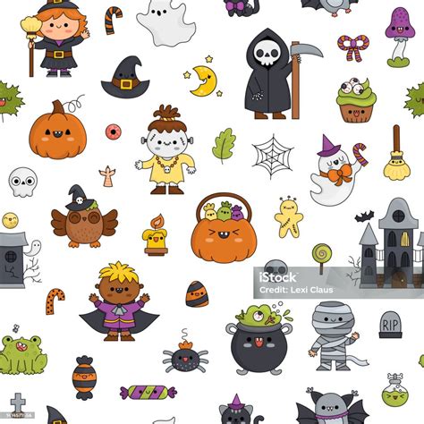 아이들을위한 벡터 카와이 할로윈 원활한 패턴 귀여운 만화 삼하인 파티 반복 배경 호박 유령의 집 마녀 뱀파이어가있는 무서운 컬렉션 가을 휴가 디지털 종이 가마솥에 대한 스톡