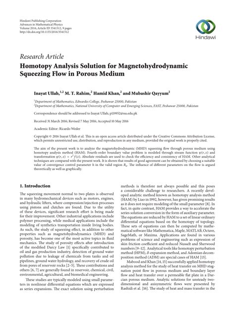 Pdf Homotopy Analysis Solution For Magnetohydrodynamic Squeezing Flow In Porous Medium