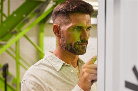 Handsome Bearded Man Using Control Panel In Storage Unit Stock Photo Image Of Lifestyles