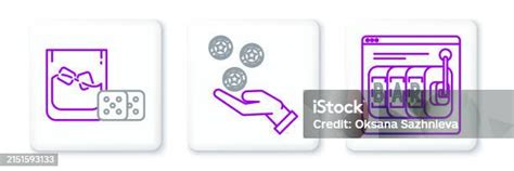 세트 라인 온라인 슬롯 머신 게임 주사위와 얼음 조각과 손으로 위스키 한 잔 카지노 칩 아이콘을 들고 있습니다 벡터 가능성에 대한 스톡 벡터 아트 및 기타 이미지 Istock