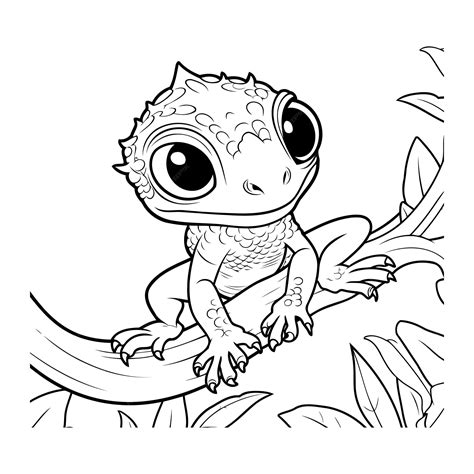 색칠 공부 페이지 분기 벡터 일러스트 레이 션에 귀여운 만화 도마뱀 프리미엄 벡터