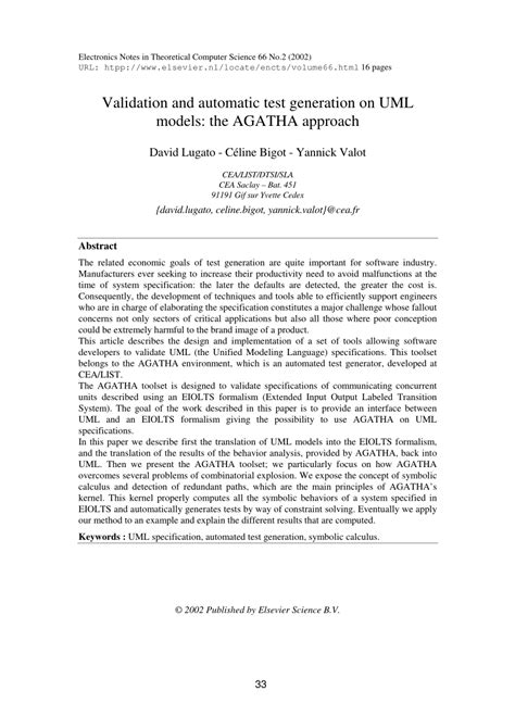 Pdf Validation And Automatic Test Generation On Uml Models The Agatha Approach