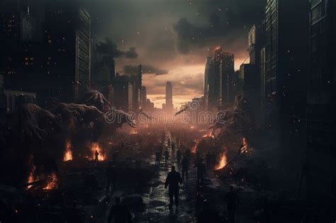 Zombie Apocalypse A Cityscape Invaded By Zombies Stock Illustration
