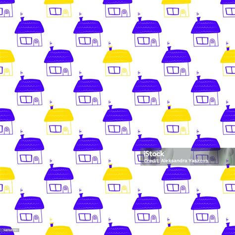 귀여운 손으로 그린 아이들 패턴 세트에는 패브릭 프린트를 위한 창문이 있는 다채로운 낙서 동화 집이 있습니다 벡터 그림입니다 0명에 대한 스톡 벡터 아트 및 기타 이미지