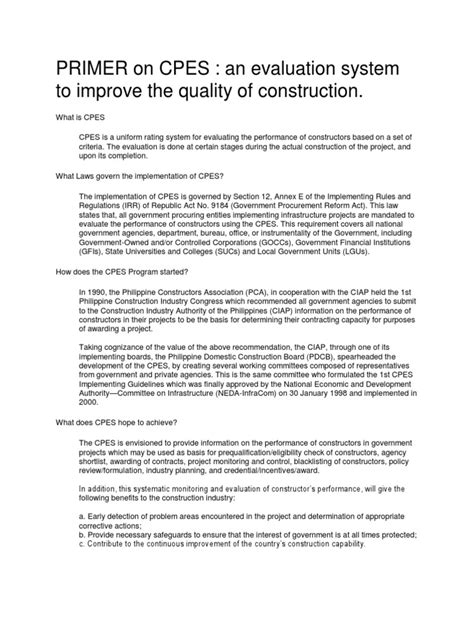Primer On Cpes An Evaluation System To Improve The Quality Of Construction Pdf Evaluation