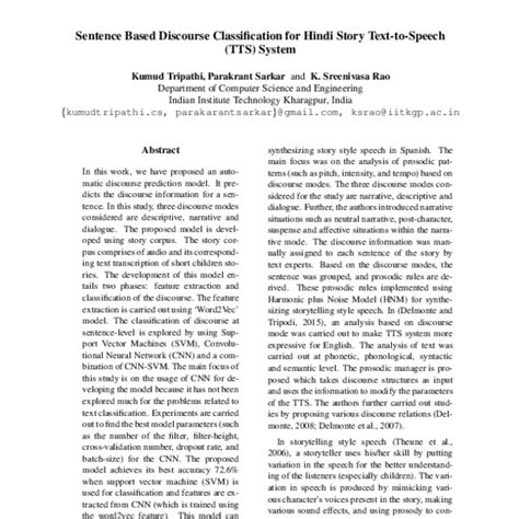 Sentence Based Discourse Classification For Hindi Story Text To Speech Tts System Acl Anthology