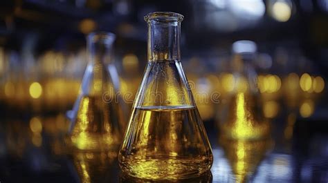 Glass Flasks With Amber Liquid Blurred Background Scientific