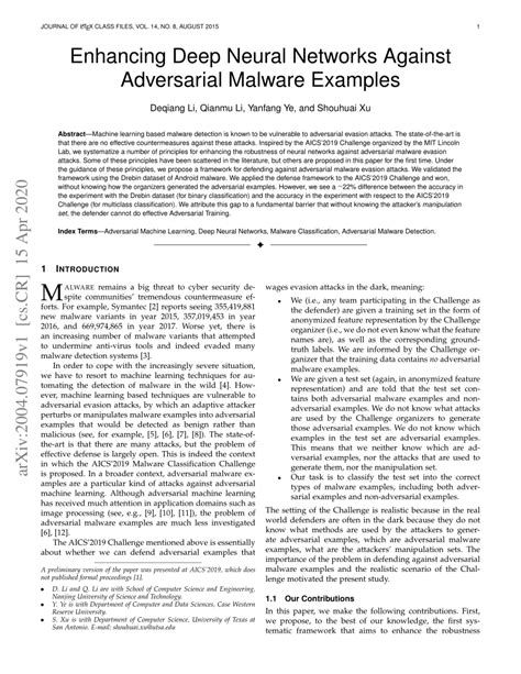 Pdf Enhancing Deep Neural Networks Against Adversarial Malware Examples