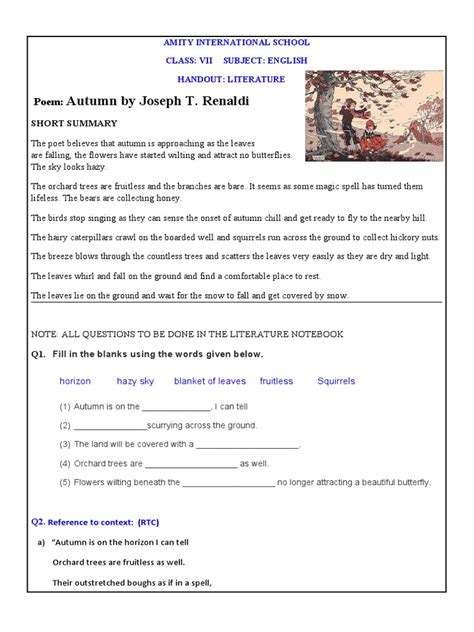 Autumn Handout Class 7 Pdf Poetry