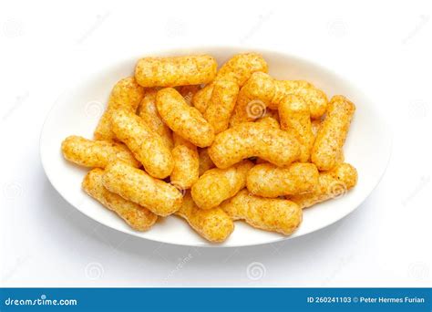 Peanut Flips Puffed Peanut Flavored Corn Snack In A White Bowl Stock