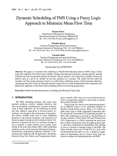 pdf dynamic scheduling of fms using a fuzzy logic approach to minimize mean flow time
