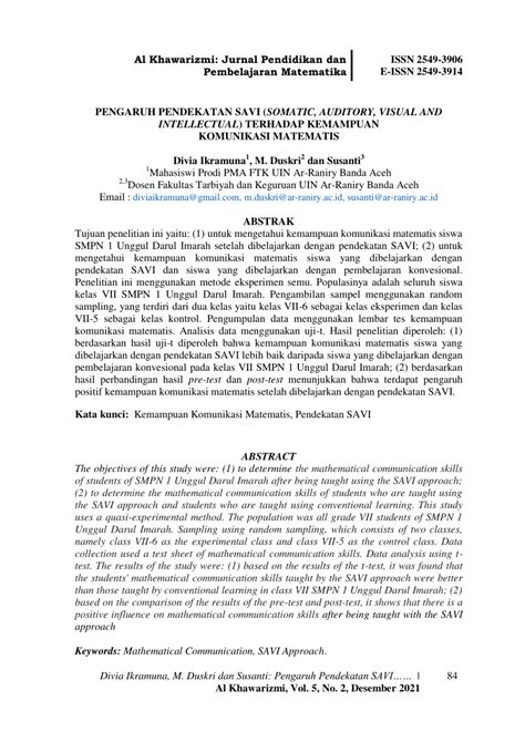 Pdf Kemampuan Komunikasi Matematis Melalui Pendekatan Savi Somatic Auditory Visual And