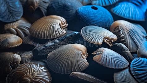 background made up of different types of fossils of prehistoric marine