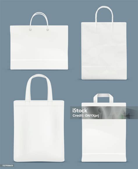 쇼핑백 이랑입니다 종이 핸들 플라스틱 종이 가방 벡터 현실적인 빈 서식 파일 격리 가방에 대한 스톡 벡터 아트 및 기타 이미지 가방 지갑 직물 Istock