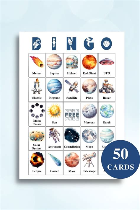 50 Printable Outer Space Bingo Cards Astronaut Picture Bingo Space