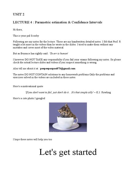 Lets Get Started Unit 2 Lecture 4 Parametric Estimation And Confidence Intervals Pdf