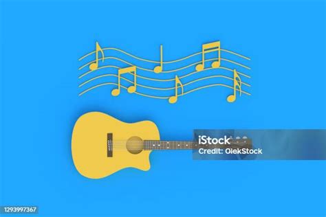 하나의 빈티지 기타와 파란색 배경에 다른 노트 복고풍 현악기 음악 교육 라이브 콘서트 컨셉 어쿠스틱 사운드 맨 위 보기입니다 3d 렌더링 0명에 대한 스톡 사진 및 기타