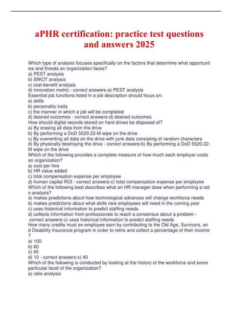 APHR Certification Practice Test Questions And Answers 2025 APHR Stuvia US