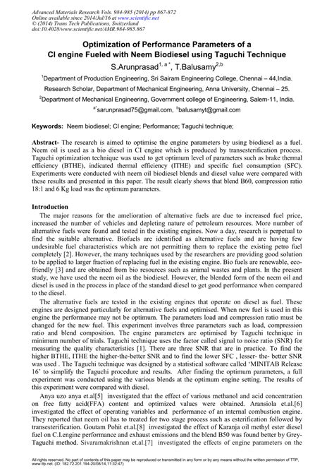 Pdf Optimization Of Performance Parameters Of A Ci Engine Fueled With Neem Biodiesel Using