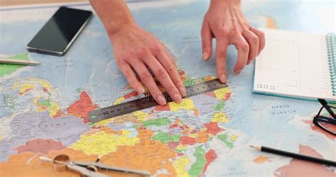 Woman Measures Distance Between Points On World Map Stock Video Video Of Geography Woman