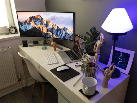 Desk Setup Ultrawide Curved Monitor Macbook Computer Desk Setup Desk Setup Desk Inspiration
