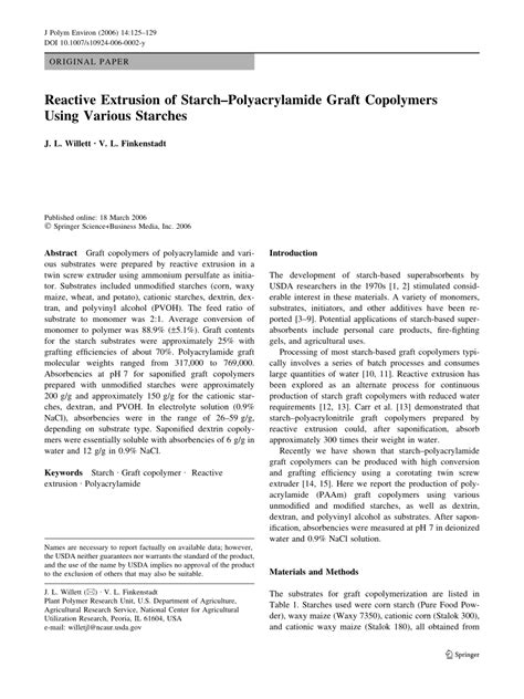 Pdf Reactive Extrusion Of Starch Polyacrylamide Graft Copolymers Using Various Starches