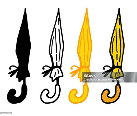 벡터 노란색 우산 손으로 그린 낙서 스타일의 우산 워킹 스틱 곡선 손잡이와 측면에 활 디자인 템플릿을 위해 흰색 배경에 검은