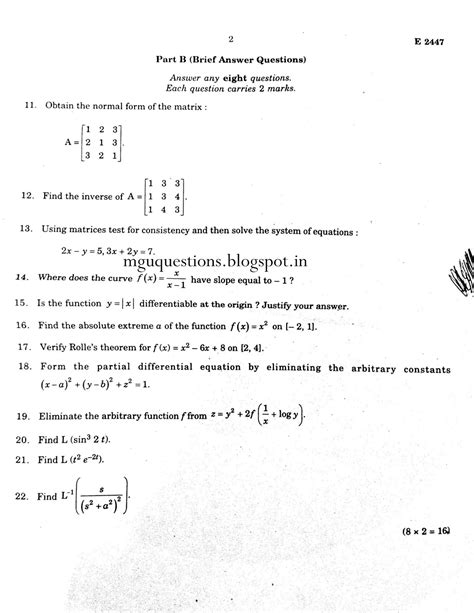 Mgu BCA Degree Semester Mathematics Previous Year Question Paper