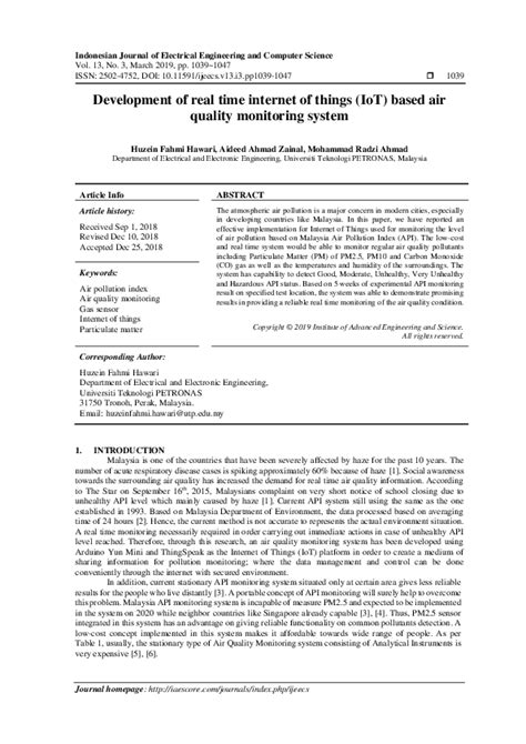 Pdf Development Of Real Time Internet Of Things Iot Based Air Quality Monitoring System