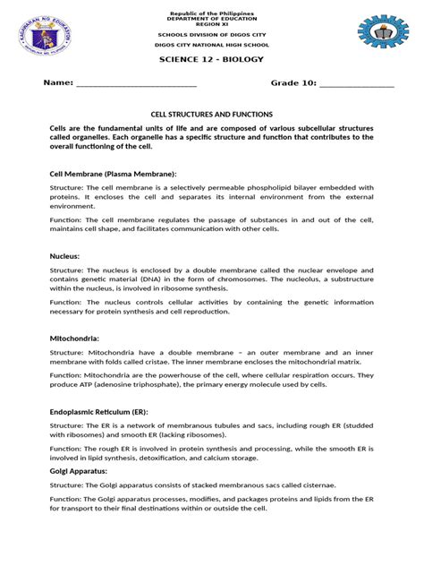 Cell Structure And Functions Module Pdf